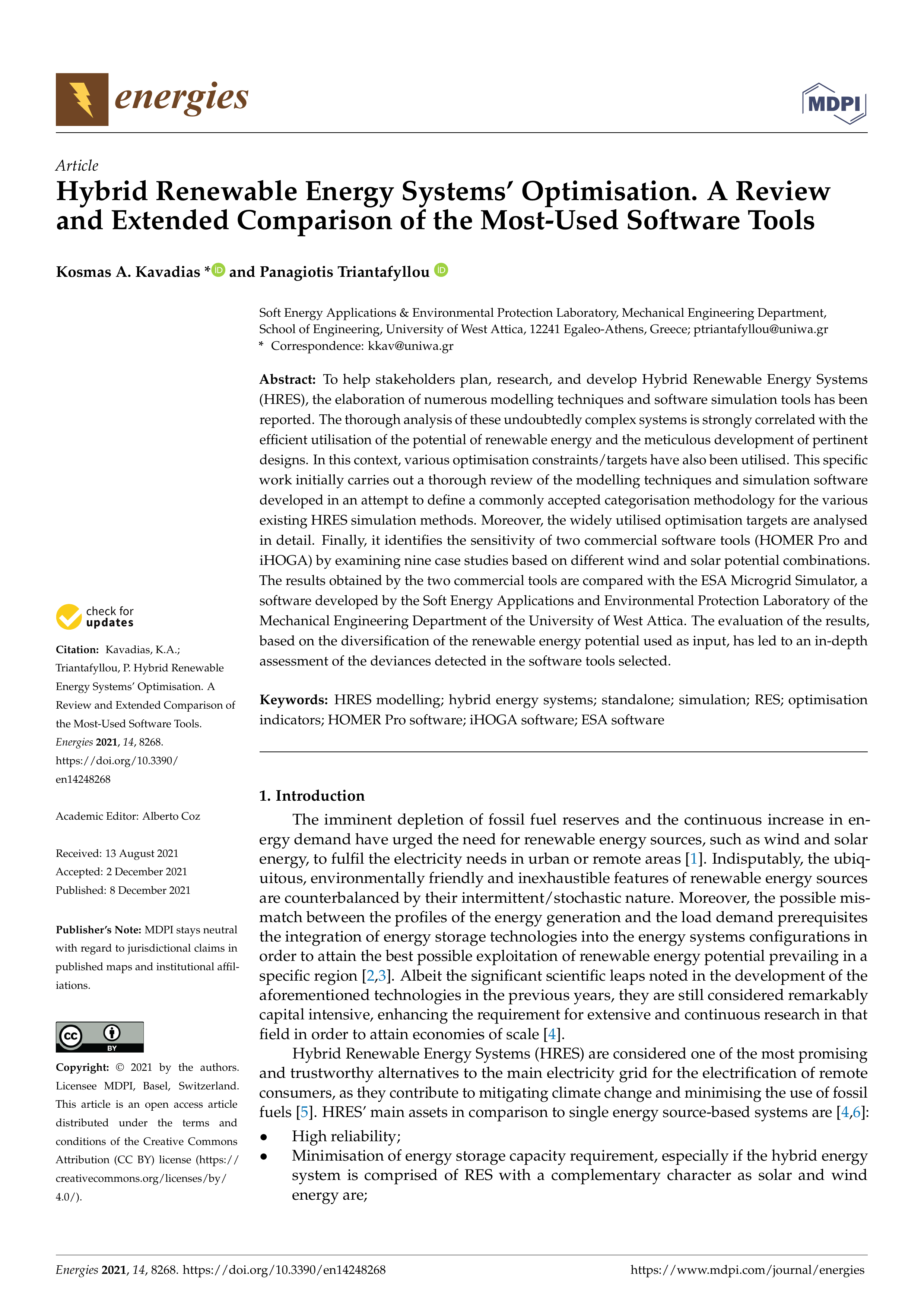 Hybrid Renewable Energy Systems’ Optimisation. A Review and Extended ...