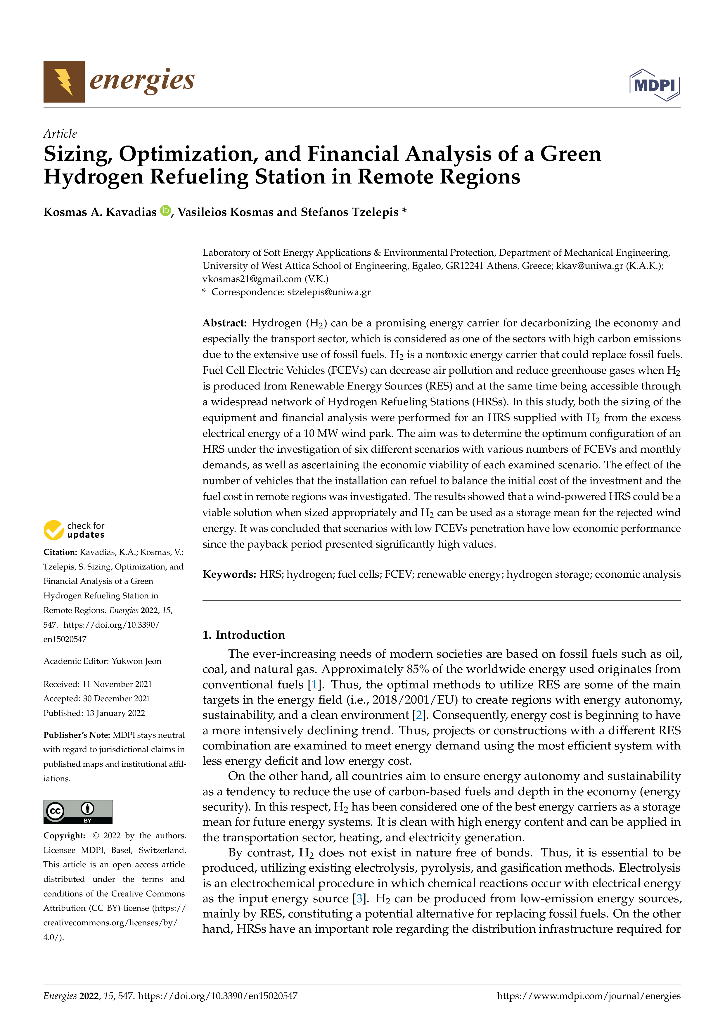 Sizing, Optimization, and Financial Analysis of a Green Hydrogen ...